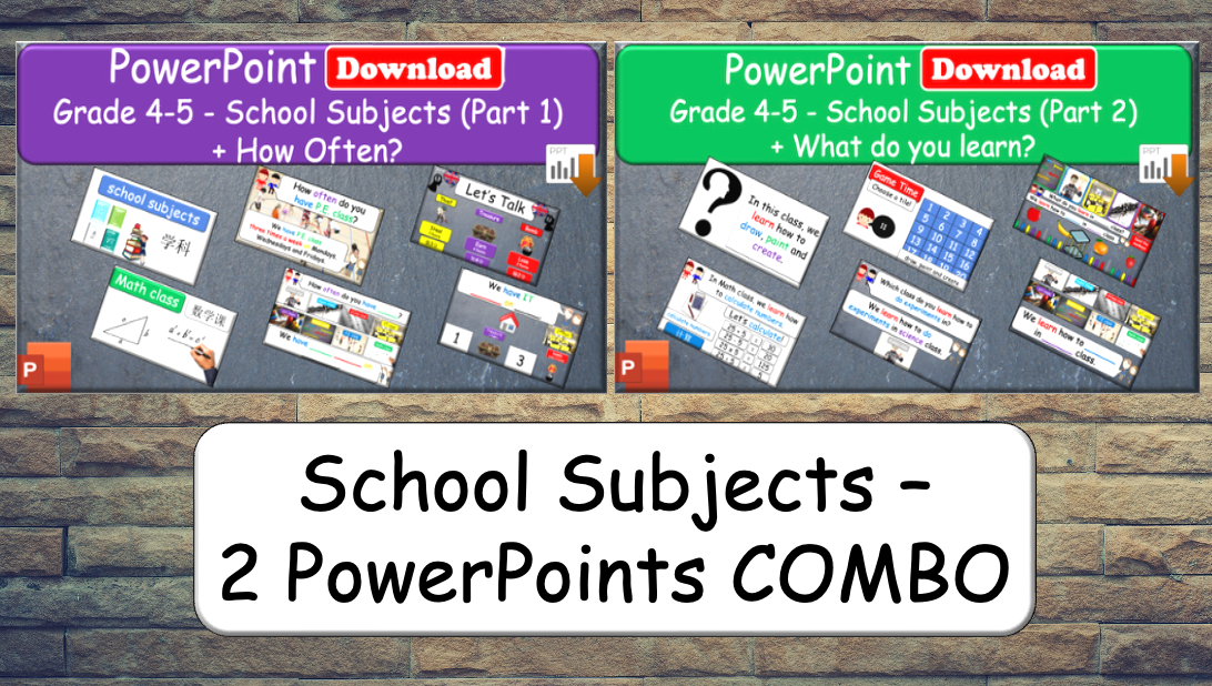 Grade 4-5 - ESL Lesson - School Subjects (Part 1+2) COMBO Deal! 2 Powe ...